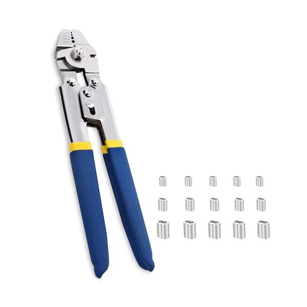 お買い得な圧着ペンチセット ワイヤーロープ圧着ペンチｘ1 , 50pcsスリーブ付き:8文字型スリーブ:1mm x 20pcs、 1.5mm x 20pcs、2mm x 10pcs 製品仕様 サビに強いステンレス製。全長:260mm、 重さ...