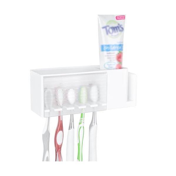 ABS製の粘着式歯ブラシホルダー、穴あけ不要、取り付け簡単。逆さまのマウスウォッシュカップ、助長的な収納と排水を備えた多機能歯ブラシホルダー。歯ブラシオーガナイザーの3イン1セットは、小さなカウンタースペース、バスルームのトイレタリー収納に...