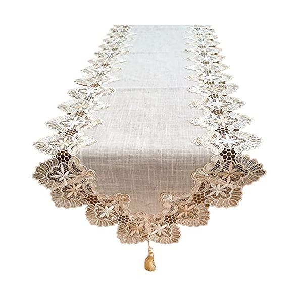 特徴 美しいヨーロピアンレースの縁取りとタッセル付きのテーブルランナー 用途 テーブルランナー　テーブルセンター　リビングクロスとして　食卓　リビングルーム　寝室　玄関　家具の上置き　家電カバー　 主な素材 ポリエステル リネンの手触り  ...