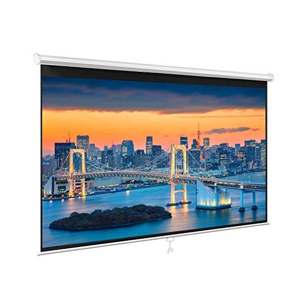 手動吊り下げスクリーン ：新着のガラス繊維の材質は高いゲインのスクリーンです、使う時にスクリーンを下に引くだけでいいです。使わない時はスクリーンを簡単に収納できます。家庭とオフィスにはきれいで、投影画面はハイビジョンで、色が鮮やかです。 ス...