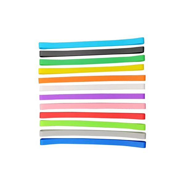 パッケージ内容  12色の異なる色の12本のゴムバンドが入っています。色はグレー、ブラック、グリーン、ライトグリーン、ブルー、ライトブルー、ホワイト、イエロー、バイオレット、オレンジ、ピンク、レッドです。 各輪ゴム折径約13.5cm、幅は0...