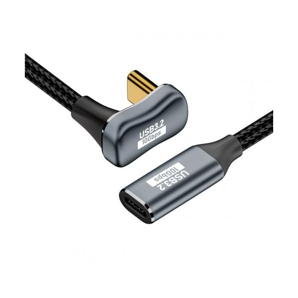 反対側のU字型バックアングルUSB-C USB 3.1 Type C オス-メス延長データケーブル 10Gbps 100W スリーブ付きType-Cコネクタは反対のU字型バックアングルです。 角度付きタイプなので、ポート周辺のスペースが限ら...