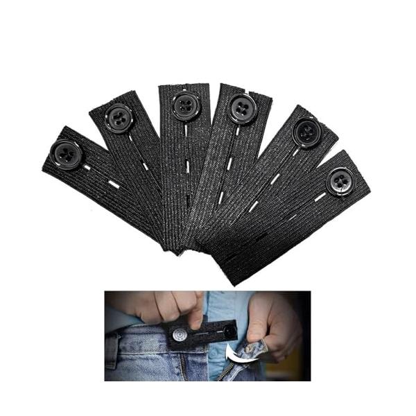 パッケージ内容  6枚黒、サイズ約8.2*2.5cm、直径約1.5cm 素材 本体：弾性ゴムボタン：プラスチック 無料調整 ズボンのボタンに掛けるだけで、きつくなったウエストが1.5〜5.5cm広がります とても使いやすい ウエストバンドを...