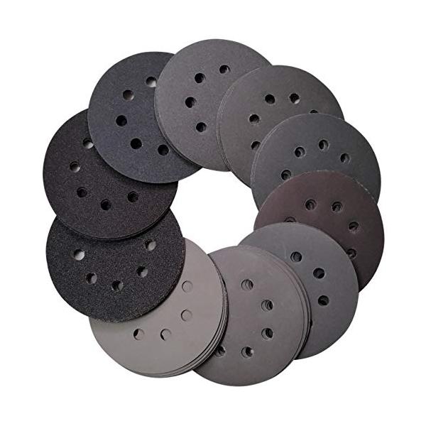 サイズ  直径: 125mm。 125*125*2mm 。入数 : 50枚入。 対応機種 : 電気ドリル。8穴あきタイプ、 吸塵式用のサンディングペーパー。 粒度  50枚に10タイプ #120 #180 #240 #320 #400 #6...