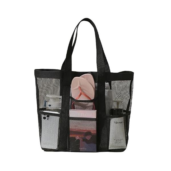 商品仕様 メッシュトートバッグは下部の長33cm 上部の長さ:45cm *幅13cm*高さ33cmの大容量サイズ。色: ブラック  大容量設計 ビーチタオル、靴、おもちゃ、サングラス、水筒、鍵、スマートフォン、iPad miniなど様々なア...