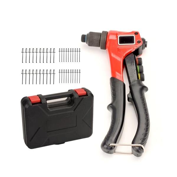 セット内容 ハンドリベッター本体1個、ノーズピース(2.4mm、3.2mm、4.0mm、4.8mm用)各1個、リベット(2.4mm、3.2mm、4.0mm、4.8mm)各50本 操作便利 人体工学に基づきTPRハンドルは手に優しくて握りやす...