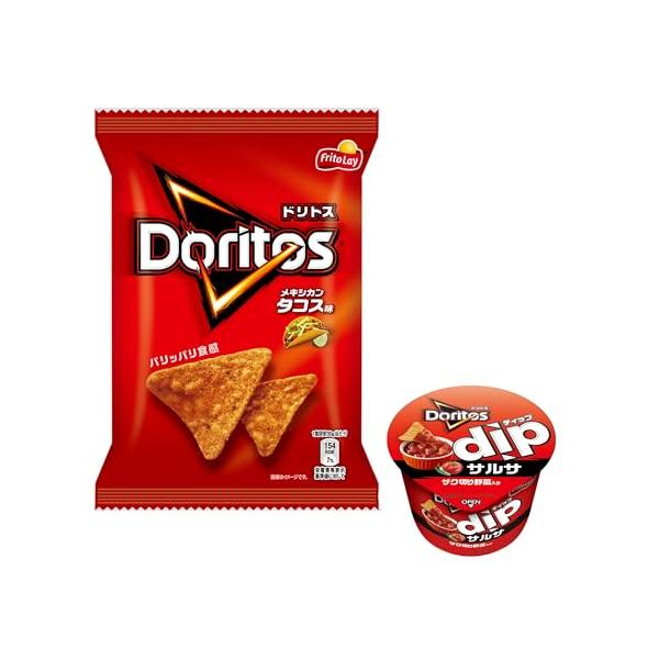 ドリトス　メキシカンタコス味12袋と、ザク切り野菜入りのDIPサルサソース4個のセットとうもろこしが原料のトルティーヤチップスです。ドリトスと相性抜群の、ザク切り野菜入りの本格サルサがついています。そのまま食べても、トルティーヤロコスにアレ...