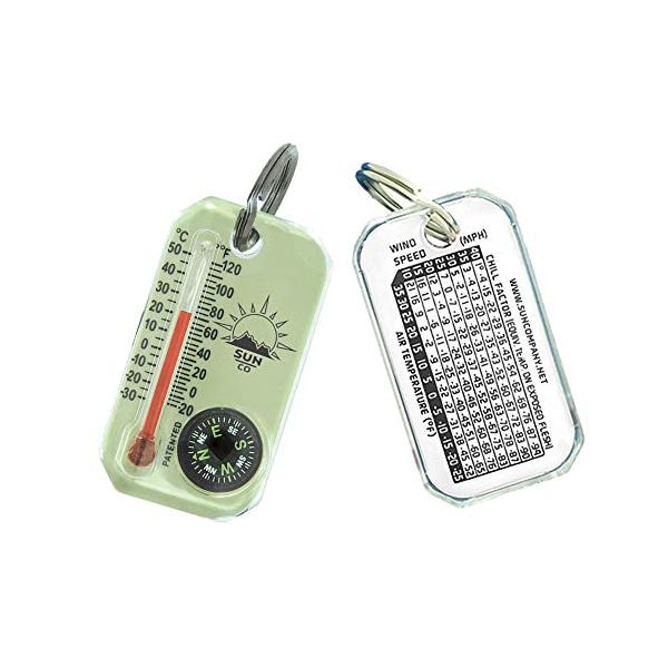 蓄光コンパス - 低照度の環境でも読み取りやすい蓄光コンパスで、ルートを外れることはありません。温度計 - 温度計は低温-30* -20* まで測定可能。体感温度表 - Thermo-o-Compassの裏側の簡単な体感温度表を見て "感覚...