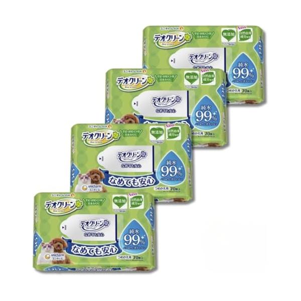 70枚入り*4個セット。合計280枚です。ペットがなめても安心の純水99％ウェットティッシュです。水分たっぷりで、手足やお尻、口、耳、目まわり、身の回り品の汚れの拭き取りに最適です。無添加のウェットティッシュです。ドラッグストア/日用品/ウ...
