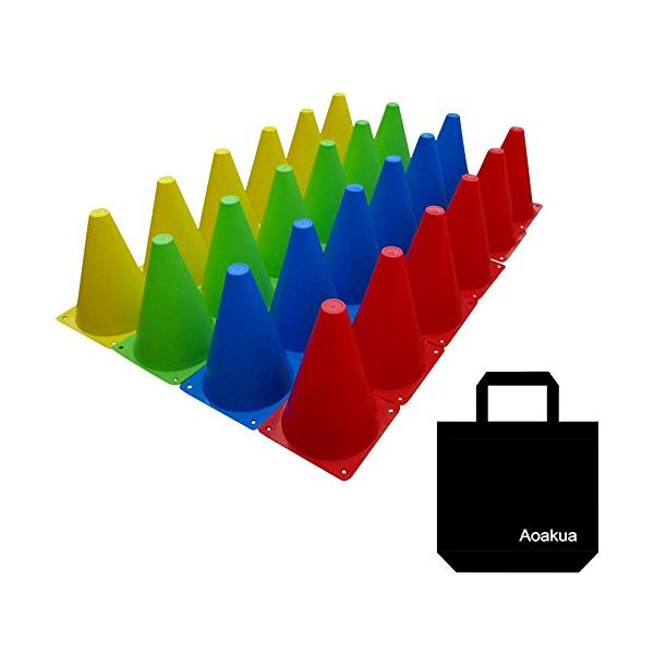 便利なマーカーコーンのセット全4色-各6個：計24本セット 赤6・青6・黄色6・黄緑6 サイズ：高さ約18cm、底面約13.5*13.5cm便利なオリジナル収納バッグが付いてますスポーツ＆アウトドア