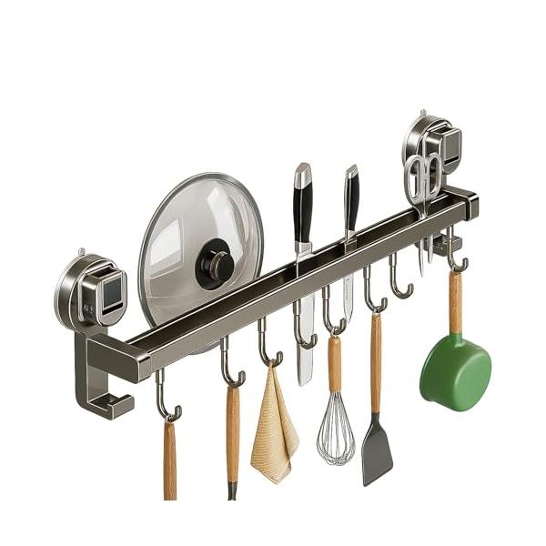 商品内容 キッチンツールフック 8個フック、重量：206g、寸法：幅 40cm x 高さ 13cm x 奥行 6.5cm、吸盤の直径：6cm、吸着円盤の厚さ：0.4cm、素材：アルミニウム ダブルバー ・TPE 他  壁を活かしてスッキリ収...
