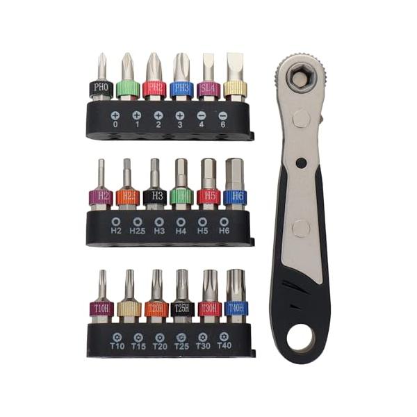 セット内容:ドライバービット/プラス0、プラス1、プラス2、プラス3、マイナス4mm、マイナス6mm、六角ビット/2.0、2.5、3.0、4.0、5.0、6.0、トルクスネジ用ビット/T10、T15、T20、T25、T30、T40、ラチェッ...