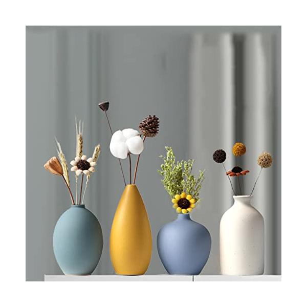 サイズ：高さ11cm*15.5cm セット：4つ入り材質： 陶器 色：ブルー、イエロー、ホワイト一輪挿しに適ですが、目安として1〜3輪の生け花にご使用いただけます。適用範囲：生け花、造花、水生植物に適です。お部屋、オフィスに季節感をお気軽に...