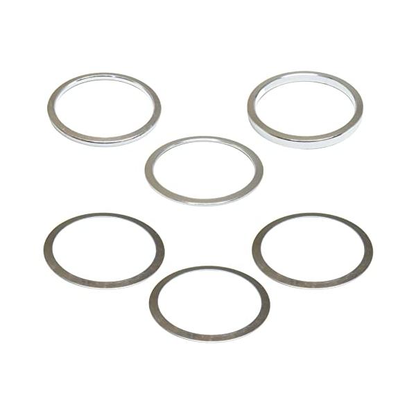 自転車・ヘッドセット用の薄型スペーサーです。内径φ29mm (1-1/8インチ規格) 、外径φ34mmです。厚さ0.3mm*3枚、1mm*1枚、2mm*1枚、3mm*1枚の計6枚セットです。薄型のスペーサーが6枚ありますので、厚さの微調整に...