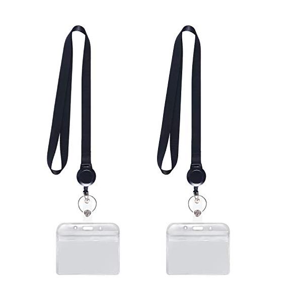 カラー:ブラック, 数量:2個セット ネックストラップ と 吊り下げ名札用。2個セット 名札用 名札・ホルダー。社員証、IDカード、キーなどを安全に保管いただけるリールクリップセット。良質の耐久性のあるPVC ---密封されたプラスチックの...