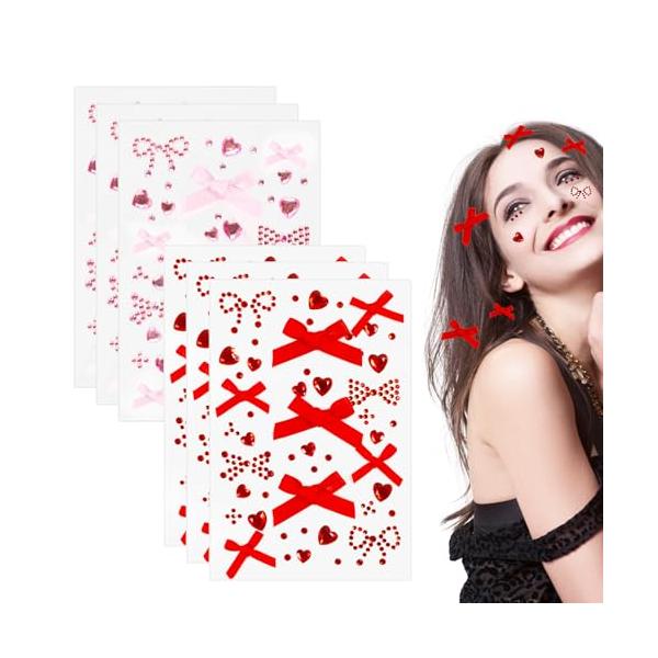 「商品仕様」素材：樹脂*ポリエステル、セット内容：6枚セット(ピンク3枚*レッド3枚)「材質について」：環境にやさしく健康的な樹脂製ポリエステル製のシールで、無害で無毒で、お肌に害を及ぼすことはありません。フェイシャルジェムステッカーは、顔...