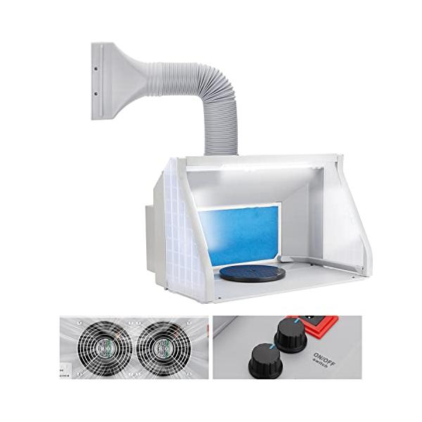 強力なファン2基搭載：DFPB01塗装ブースには2つのプロペラファンが搭載されております。市販された他の塗装ブースより吸引力がもっと強くなり、効率よく空気中に舞った嫌な匂いを吸い込んで外へ排出できるため、快適に作業できます。また、ァンの回転...