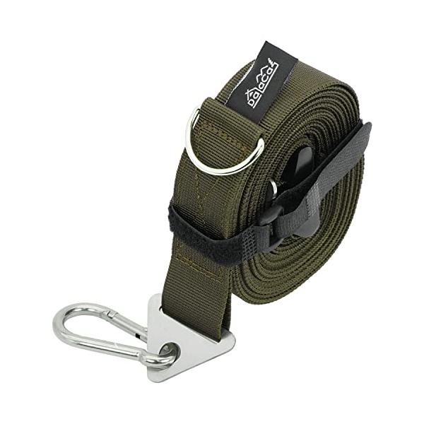 色：ダークグリーン サイズ 長さ5.2m、幅3.0cm 重量 260g 最大荷重 200kg 素材 高強度ナイロン、ステンレス(SUS304)内径Φ9mmの三角プレート カラビナ ステンレス 小川張り専用ベルト DaLaCaの小川張り専用タ...