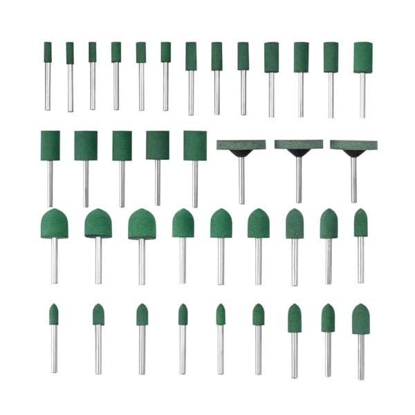 仕様：ゴム砥石39個セット。 大円筒型、小円筒型、大砲弾型、小砲弾型、T型の計5種類があり、様々な種類のサンディング作業に適用できます。材質：ゴム砥石は、特殊なゴムと研磨剤の混合処理、高硬度、滑らかな表面耐摩耗性、部品を損傷することは容易で...