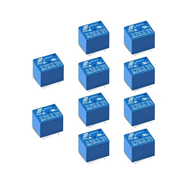 製品名：リレー；モデル：SRD-05VDC-SL-Cピン数：5；パッケージ内容：10個外形寸法： 長さ*幅*高さ ：20 X 16 X16mmコイル電圧 : 5VDC；接触容量 : 10A 250VAC/10A 125VAC/10A 30V...