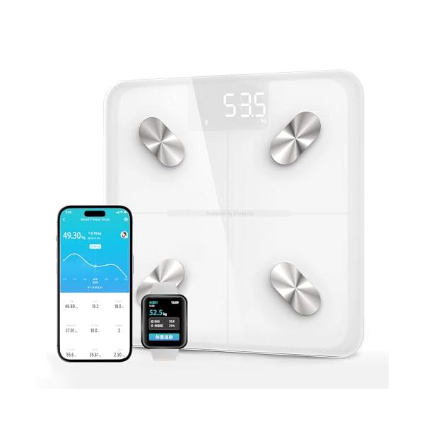 保証期間:2年間、24時間以内返信対応目量：100g　商品寸法：幅28 x 奥行28 x 高さ2.9 cm測定項目：13種類　登録人数:無制限　JIS認証済み特徴：LED発光大表示、滑り止め加工、強化ガラスアプリの特徴：自動転送、データグラ...