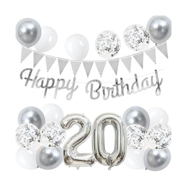 サイズ：20歳 セット内容 ： HAPPY BIRTHDAY ガーランド*1 ペナントガーランド*1 紙吹雪風船*6 金属バルーン*6 パステルバルーン*6 丸いテープ*3枚約60点 40inch 数字バルーン*2 大きいシルバー数字バルー...
