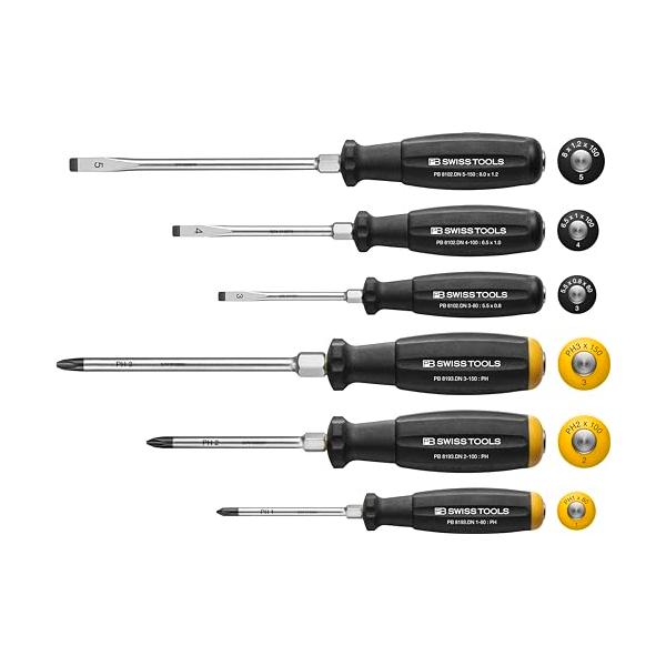 セット内容：スイスグリップ貫通マイナスドライバー刃先幅X刃先厚(mm)5.5X0.8・6.5X1・8X1.2、スイスグリップ貫通プラスドライバー#1・2・3質量(g)：840先端形状マイナスおよびプラス。厳しい条件である自動車工場や修理工場...