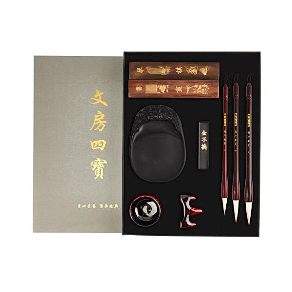 高級感ある大人のための書道セット 大人の書道具としてこだわった逸品です。書道に必要な文房四宝の筆硯墨が揃い、さらに水差し、筆置き、文鎮も付属されています。 書道、習字、写経  書道、習字、写経に最適で、初心者趣味入門や書初めにもおすすめです...