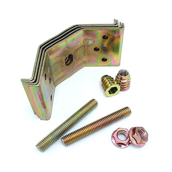 テーブル・椅子等の脚の固定にお使い頂けるコーナー金具4個と鬼目ナット、防滑ナット、ボルト8Mも付いたセットです。小型*中型のダイニングテーブルの脚をしっかりと固定できます。天板を支える枠をコーナー金具で繋いで構成し、脚は穴に通したボルトで斜...