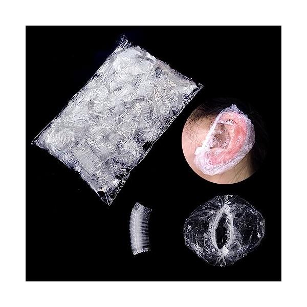 サイズ：フリー(男女兼用)　セット：200枚セット　カラー：クリア　レッド　ブルー使い捨てで衛生的。大容量の200枚入り、家庭用はもちろん、業務用としてもOK!毛染めの際にご使用頂けるイヤーキャップ。シャンプー、染液、水、化学治療から耳を保...