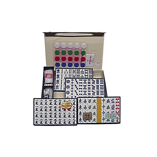 赤牌も4枚付属している、お手頃価格の普及タイプです。牌のサイズ：Ｍ 約19mm 横 *26mm 高さ *16mm 厚み 小ぶりですが見やすい字体です。白点棒、サイコロ4個、東南マーク1枚。牌1個の重さ：約14g標準セット重量：約2000gメ...