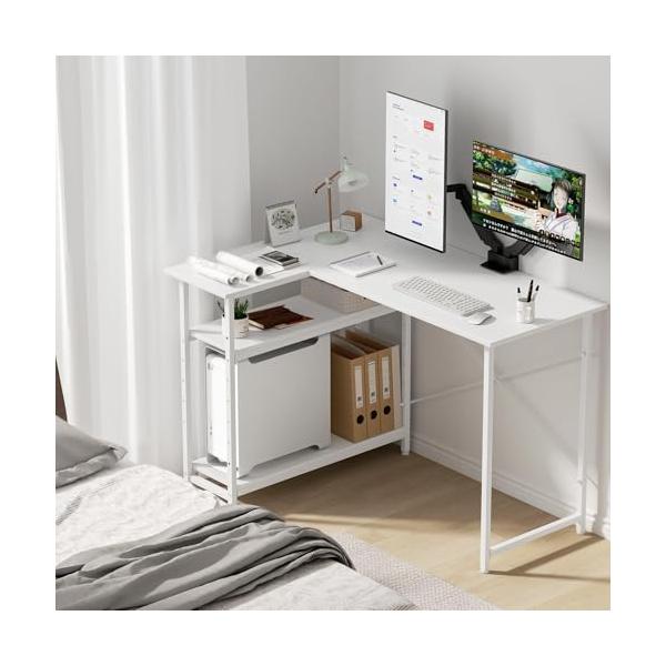 色：ホワイト* 110*ワイド仕様の広々な天板  パソコンデスク、ゲーミングデスクと両方使えるおしゃれなL字pcデスクです。本体質量約15Kgあり、作業スペースとなる机のサイズは幅110*奥行80*高さ75*です。1.5*厚さの天板と2*2...