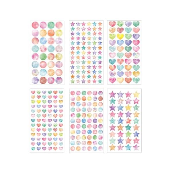 サイズ・バリエーション シートサイズ約15*8cm。全2種のデザイン展開。ミックス：水彩風カラーで2種類の大きさの星・丸・ハート型のセット。誕生日：ケーキ・ガーランド・風船など、バースデーモチーフのセット。 華やかなデザイン 鮮やかなカラー...