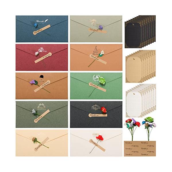 レターセット内容 封筒10枚(立体的な10種類の花が含まれる)、 金箔デザインの便箋24枚(3色各8枚)。封筒サイズ：22*11cm、 便箋サイズ：14.5*21cm 。容量が豊富で、十分ご利用いただけます。 デザイン バラ、カーネーション...