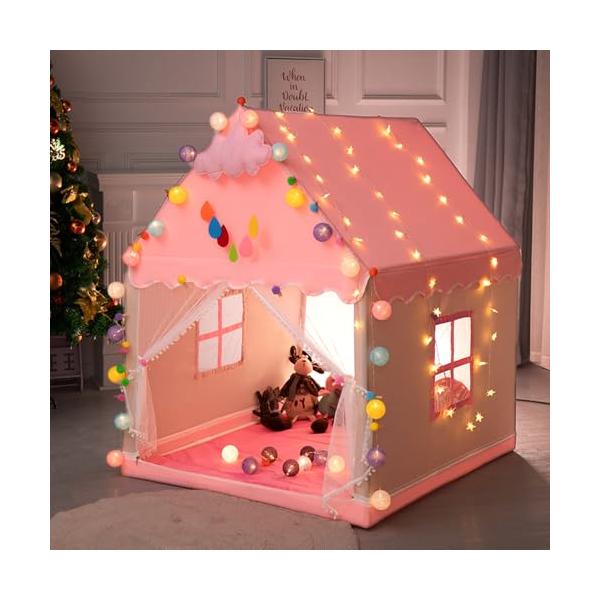 ボールライト、星ライトと雲飾りが付き、室内にもアウトドアにも適用の子供テントです。 サイズ 高さ128*長さ120*幅(ドア)105cm 付属品 ボールライト、星形ライト、ピンク曇飾り 素　材 肌に優しい柔軟なポリエステル繊維、金属テントポ...