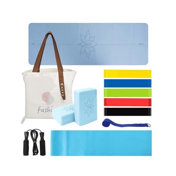 7ピースセット、ヨガ＆トレーニングに最適 折りたたみヨガマット、ヨガブロック2個、縄跳び、ストレッチストラップ、エクササイズバンド、抵抗バンド5本、キャンバストートバッグが含まれています。ヨガ、筋力トレーニング、さまざまなワークアウトに理想...
