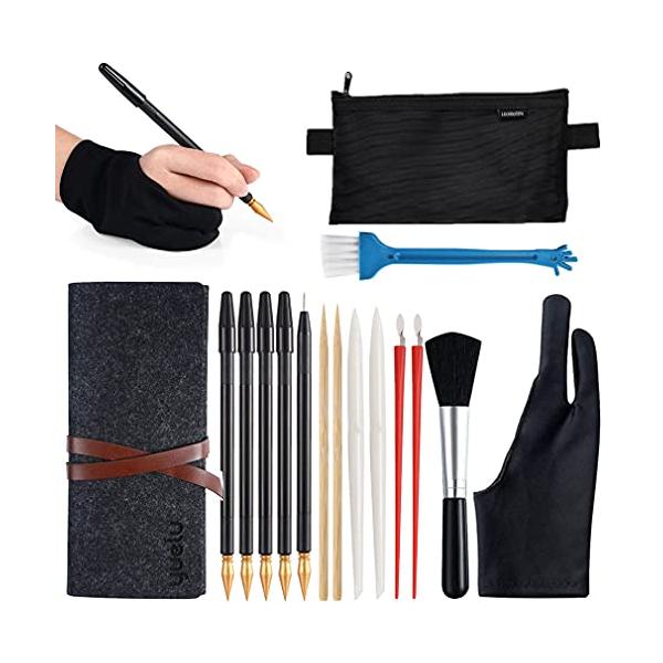 スクラッチペイントツールセット ：RuiChyスクラッチ描画ツールには、デュアルチップスクラッチカラーリングペン5個、レッドスクレーパー2個、竹棒2個、白いプラスチックスタイラス2個、黒のアーティストグローブ1個、黒のブラシ1個、青1個が含...