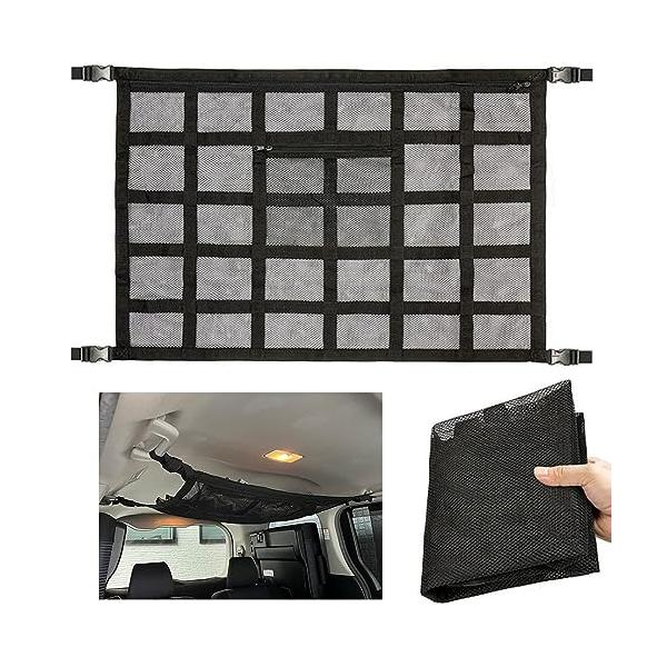 荷物収納 布団、充電ケーブル、おむつ、アウトドア用品などを全部収納できる天井収納 ネットで、一瞬で車内がきれいになります。小さい車ながら収納スペースが稼ぐことができます。またファスナー付きポケットとなっており、荷物の脱落を防ぐことができます...