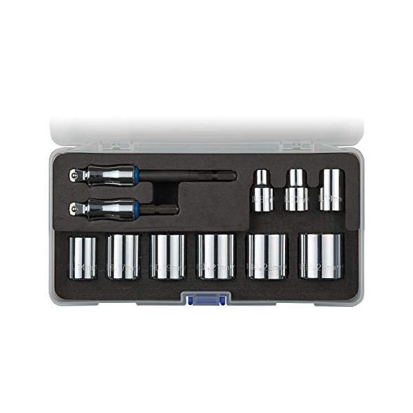 ショートソケット：対辺8/10/13/14/17/19/21/22/24mm…各1個、差込角9.5mm (3/8インチ)アダプター：首振りタイプ　全長77mm、115mm…各1本　ソケット差込角9.5mm (3/8インチ)収納、保管に便利な...