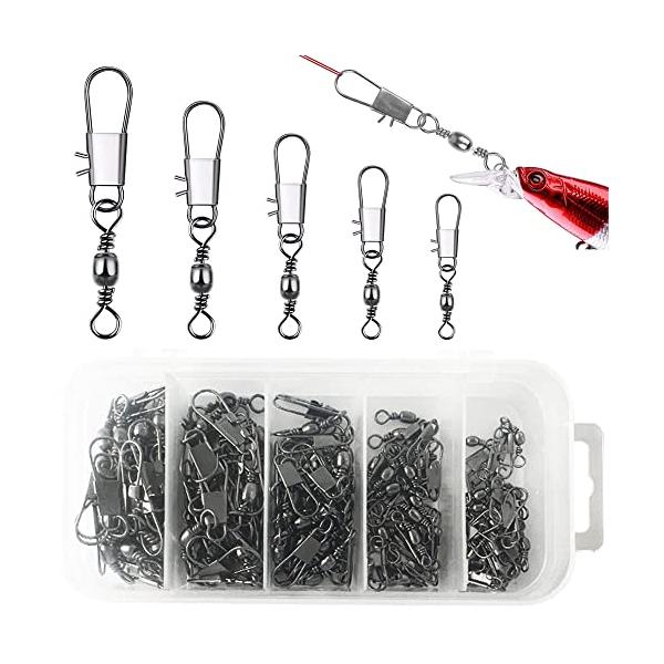 仕様：釣りスナップ100個 素材：高炭素鋼 パッケージ：箱入り モデル番号：2#、4#、6#、8#、10#。サイズ：2# 長い50mm 、20pcs。4# 長い48mm 、20pcs。6# 長い44mm 、20pcs。8# 長い35mm 、...