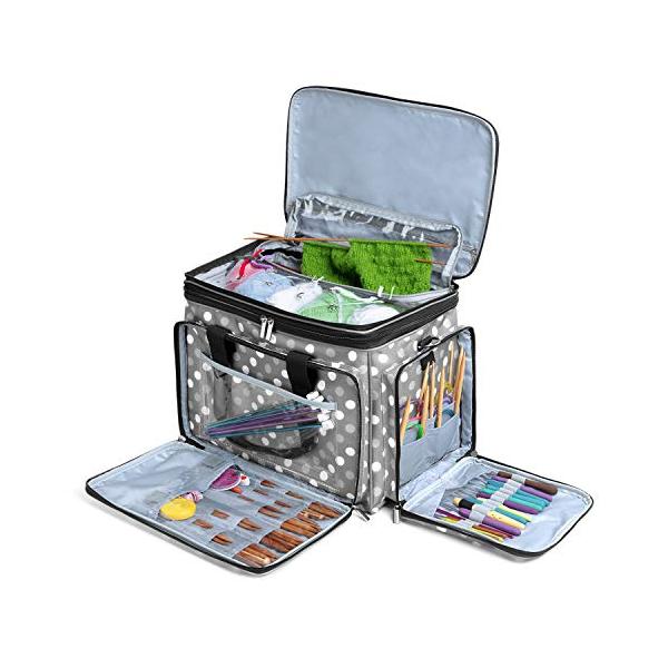 機能 毛糸、輪針、かぎ針、棒針(14"/35cm)、編み物用品の保管・携帯用バッグです。 バッグのみの商品です。編み物用品は含まれておりません。  大容量 外ポケットに編み針、はさみ、メジャーなどの編み物用品を収納し、メイン室に毛糸、未完成...