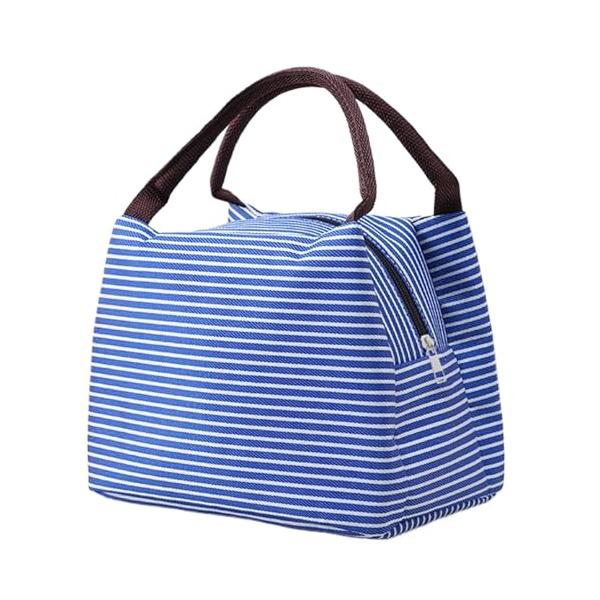 ストライプのランチバッグは3つの素材でできている： オックスフォードクロス、ポリエチレンフォーム、断熱アルミフィルムの3つの素材でできている。サイズは約25x20.5x15cmで、カラーはレッド、グリーン、ブルー、コーヒー、ベージュ、ネイビ...