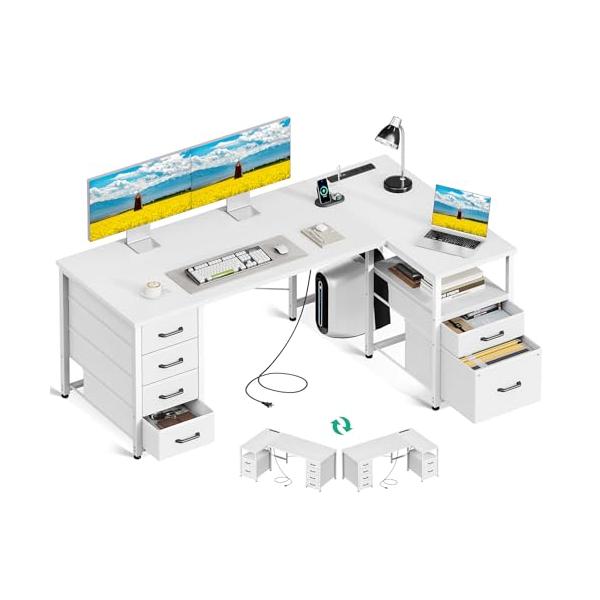 引き出し6杯付きデスク・収納力満載 デスクの足元には一体型の引き出しとラックが備え、本や書類などを使いたい時にサッと取り出せ、PC本体も楽に置けます。たっぷりの収納でデスク周りをスッキリ快適に また、L字型のデザインで部屋のコーナーを最大限...
