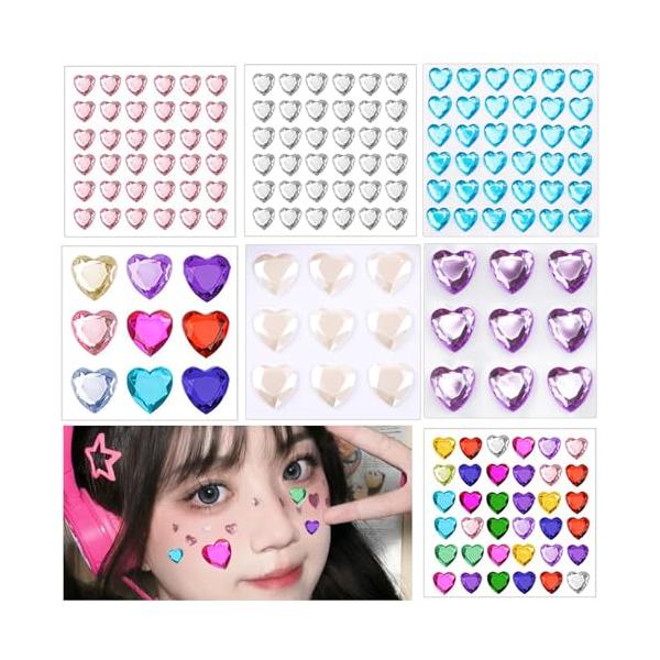 キラキララインストーンシール：立体的な3D技術で製作されたハート型のラインストーンシールは、鮮やかな色彩と立体感で、顔や装飾品に華やかな輝きをプラス。あなたの魅力を思う存分発揮してください DIYデザインが楽しい：異なるサイズと色の7枚セッ...