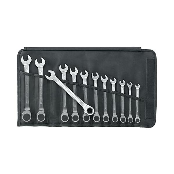 ギア数：72送り角(*)：5メガネ部オフセット角(*)：15、質量(g)：1745、入数(点)：12狭い場所での作業に最適なコンビネーションラチェットレンチセット。クロームメッキ仕上げ。セット内容：コンビネーションラチェットレンチ：8・9・...