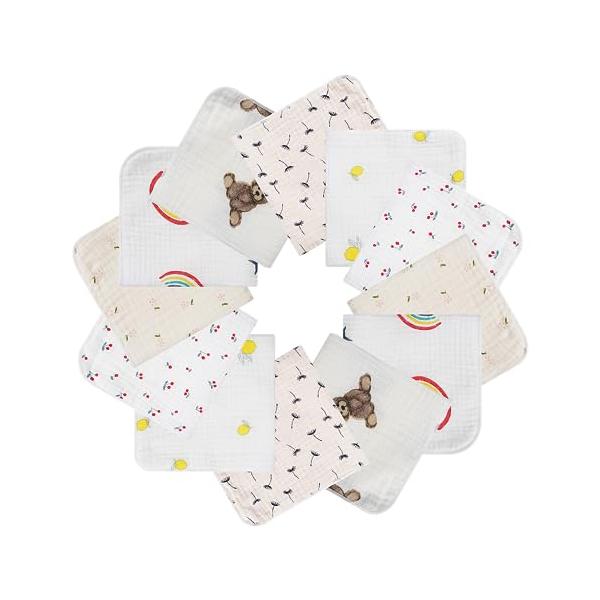 素材 綿 100％天然素材  サイズ 30*30* セット 12枚入り・6柄個2枚 柔らかく肌触りが良いハンカチ 優しい風合いのイブルガーゼは赤ちゃんの肌を繊細に柔らかく包み込みます、速乾性・保湿性も優れます、毎日使いやすい素材です。洗いほ...