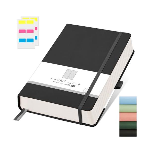 分厚いノート：A5 サイズでも 320 ページ 160 枚 を実現し、1 冊で長期間使用できる分厚いノートです機能満載のクラシックノートブック：しおりひも、ゴムバンド、3 色ポストイット、拡張ポケットを付属し、名刺やレシートなどの小物もすっ...