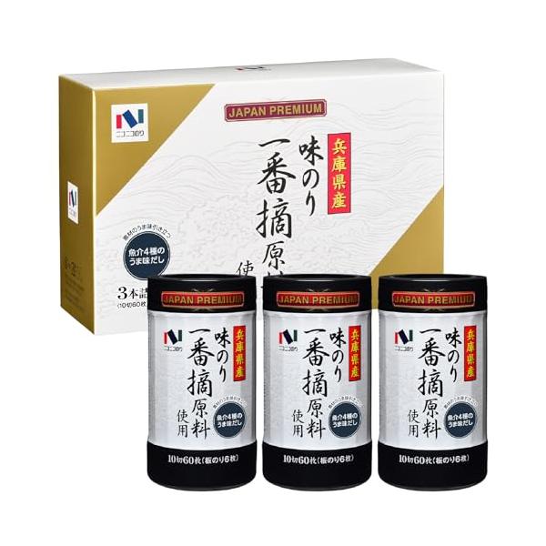 原材料:乾のり(兵庫県産)、調味液[砂糖、しょう油、魚介エキス(かつお節、こんぶ、ほたて、えび)、たん白酵素分解物、魚醤(魚介類)、食塩、酵母エキス]/香辛料抽出物、(一部に小麦・えび・大豆・豚肉・魚醤(魚介類)を含む)内容量:3本詰(10...