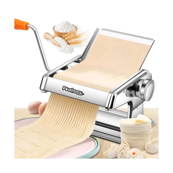 「6つの厚み」1*2：生地を広げる、3*4：麺を作る、5：餃子皮、6：ワンタン皮。初心者でも均一な厚さの生地が作れるので、手間が省け、効率がよりアップします。「多種多様の麺」2-3mmと4-5mmの2つのカッターで、異なる太さの麺を一度に作...