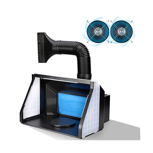 風量調整がダイヤルで可能：こちらの2基ファンスプレーブース吸引力がより一層強い。風量調節がダイヤルで可能です。明るさ調整がダイヤルで可能：LEDライト付き LEDライトの明るさ調整がダイヤルで可能、好きな明るさを 塗装ブースの上部、左辺、右...